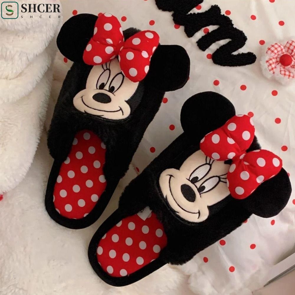 SHCER Winter Mickey Mouse Slippers, Soft Cute Minnie Mouse Plush Slides ...