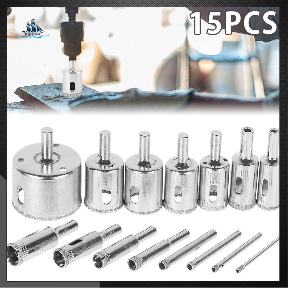 15pcs Diamond Coated Drill Bit Set For Tile Marble Bottles Glass Ceramic, 6mm-50mm Hole Saw ...