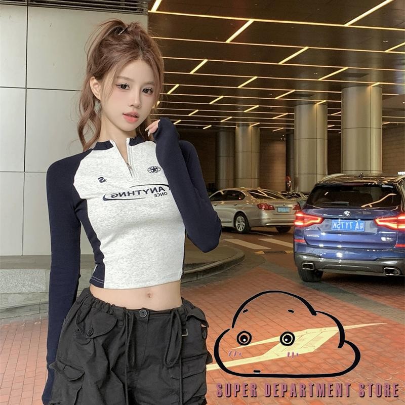 SUPER-Women´s Fall Crop Tops Long Sleeve Quarter Zip Neck Letter Print ...