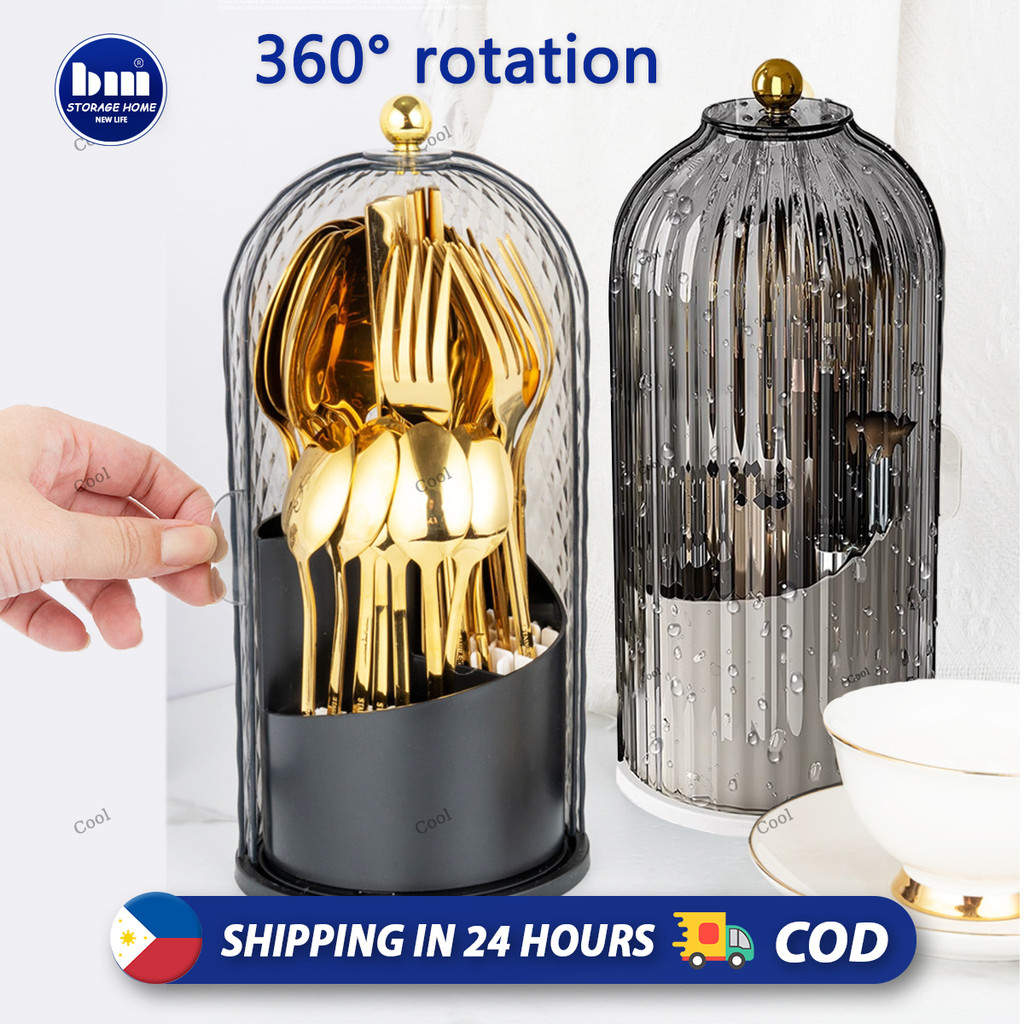 【Cod】360° Rotating Fork spoon rack Dustproof with lid tube Kitchen ...