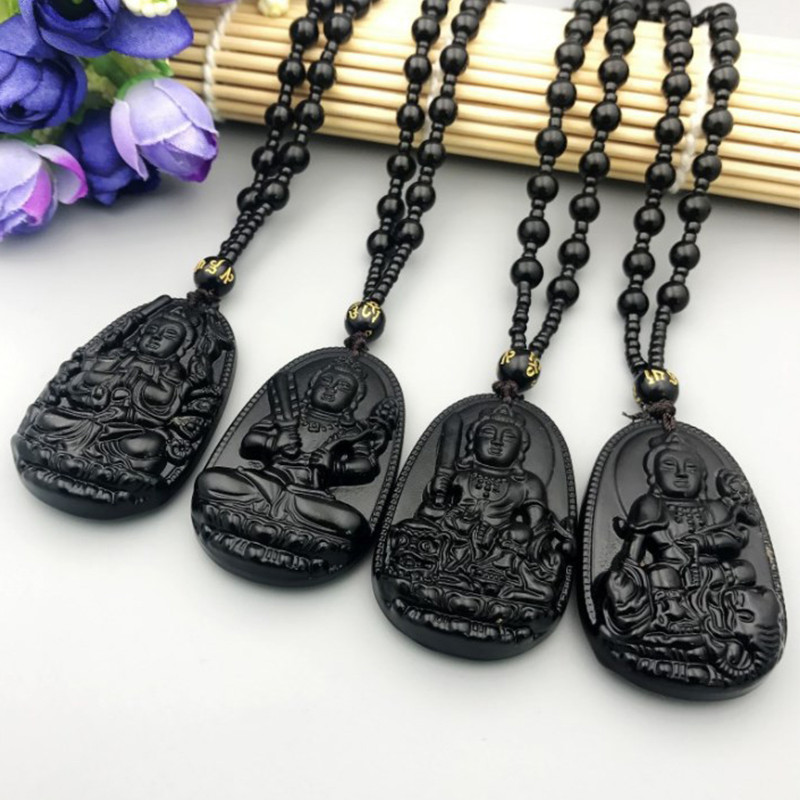 Marbit Obsidian Stone Buddha Beads Chain Necklace Imitate Jade Buddhism ...
