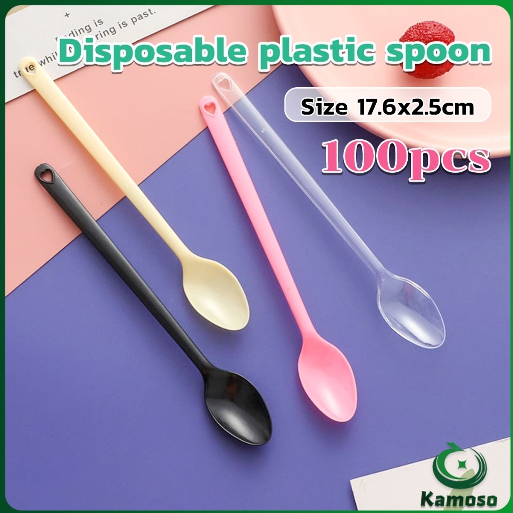 K.O. 100pcs Disposable Plastic Spoon Colored Long Teaspoon for Dessert ...