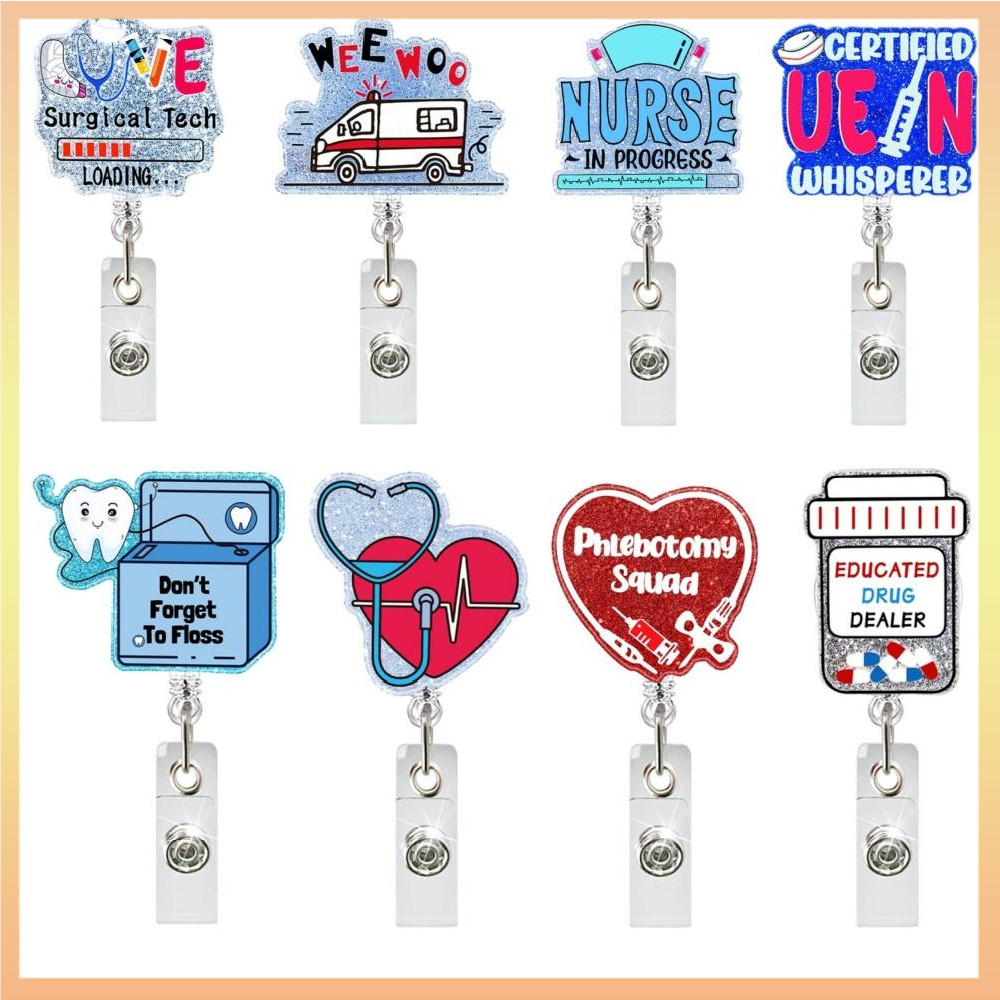 Glitter Acrylic Heart Pill Bottle Stethoscope Pattern Badge Reel ...