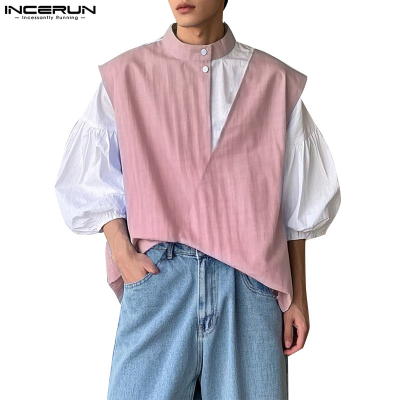 INCERUN Men's Splicing Color Contrasting Design Half High Collar Shirt ...