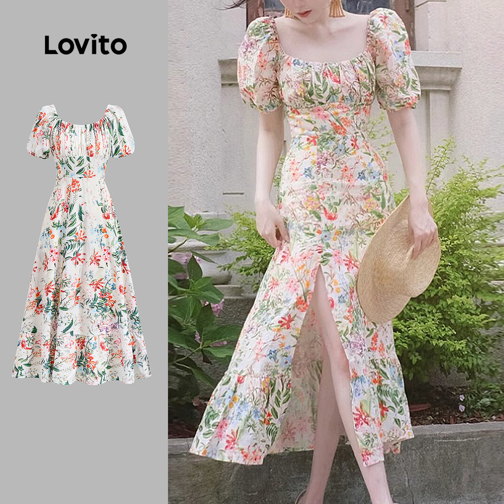 Lovito Women Boho Ditsy Floral Zipper Split Front Dress L131ED170 ...