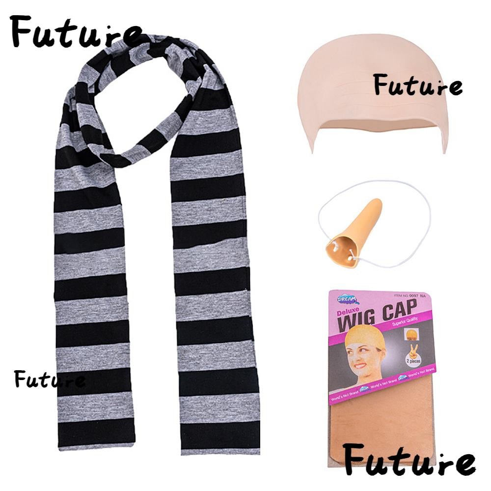 FUTURE 4pcs Gru Cos Kits, Bald Cap Black Gray Striped Scarf Halloween ...