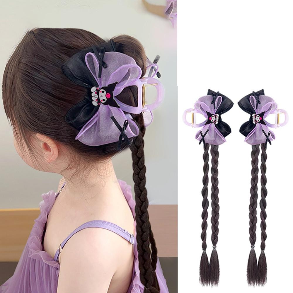 4 Color Sanlio Mesh Bow Girl Shark Clip Wig Long Braid Sweet Kuromi ...