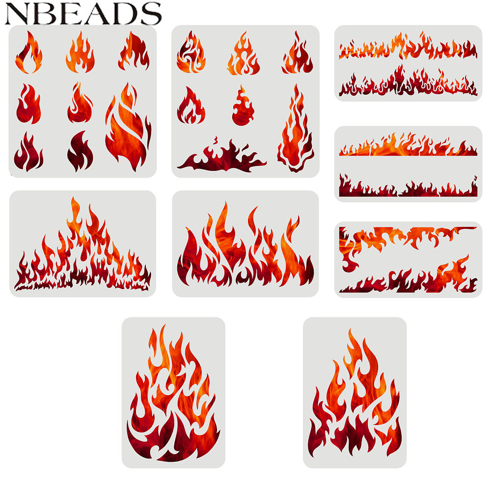 1Set 9PCS Fire Pattern Stencil 3 Sizes Reusable Burn Blaze Bonfire ...