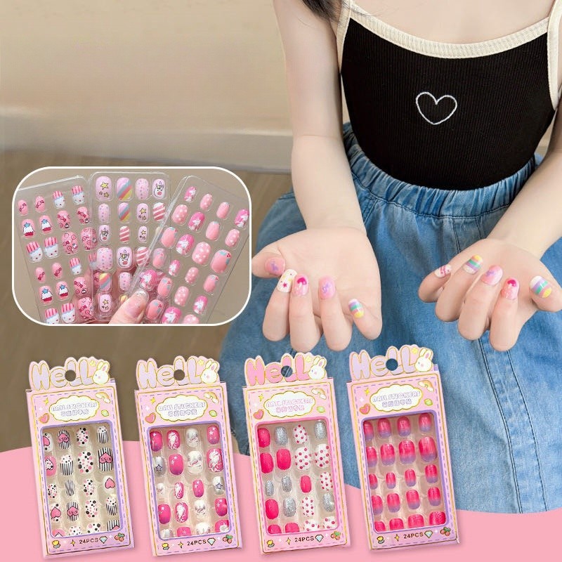 24pcs/set Girl Kids Fake Nails with Glue DIY Fake Nail Cute Pattern ...