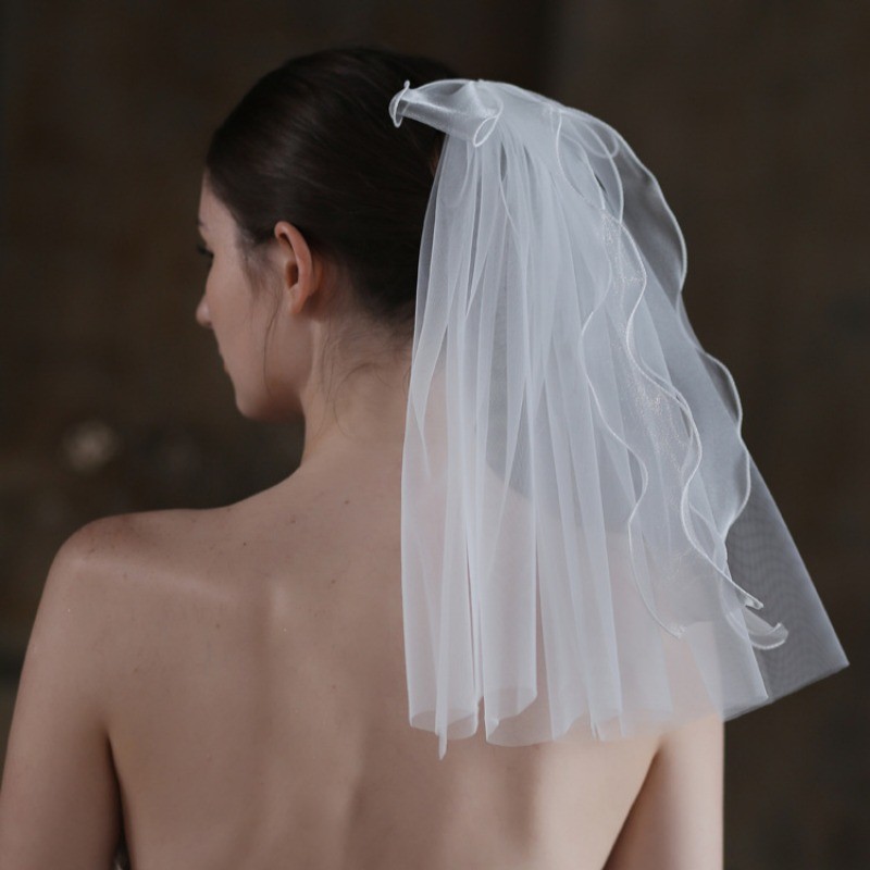 Women's Elegant Wedding Bride Veil Ribbon Bow Short White Veils with ...