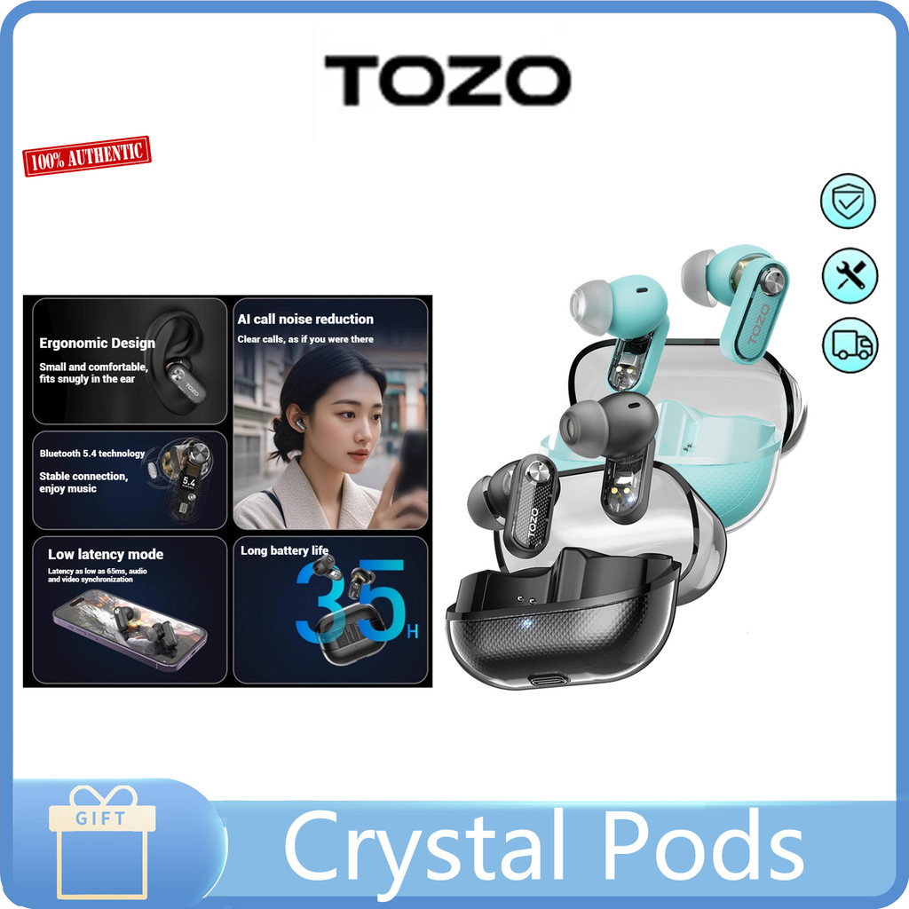TOZO Crystal Pods Wireless Bluetooth headphones In-ear Active noise-cancelling Transparent ...
