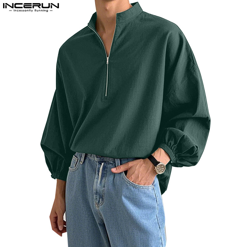INCERUN Men Korean Minimalist Stand Neck Half-Zip Long Sleeve Solid ...