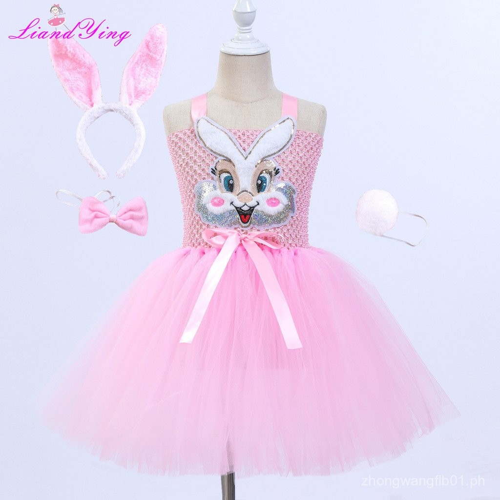 Easter Bunny Dress Plush Bunny Ears Girls Princess Dress Easter Party ...