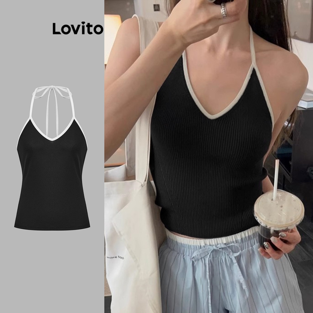 Lovito Women Casual Plain Contrast Binding Collar Tank Top LAD106050 ...