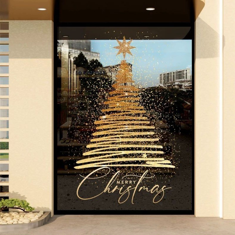 2025 Golden Christmas Tree Glass Sticker Shop Window Electrostatic Door ...