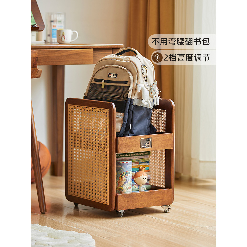 Green Duo Solid Wood Rattan Woven Backpack Storage Rack Movable Book ...