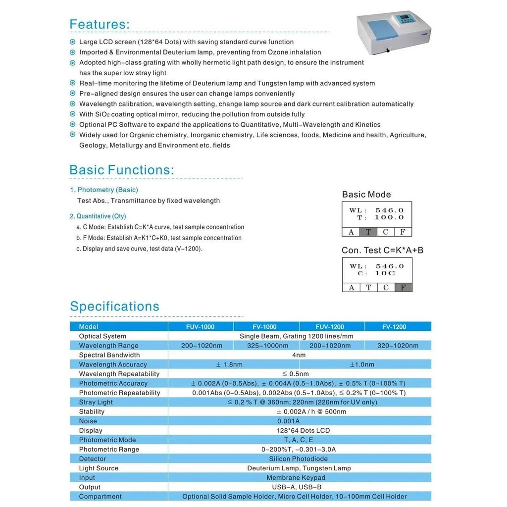 FV-1000 VIS Spectrometer Price Single Beam 325-1000nm Spectrophotometer ...