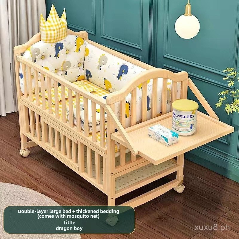 Solid Wood Crib Stitching Bed Removable Paint-Free Multifunctional Baby ...