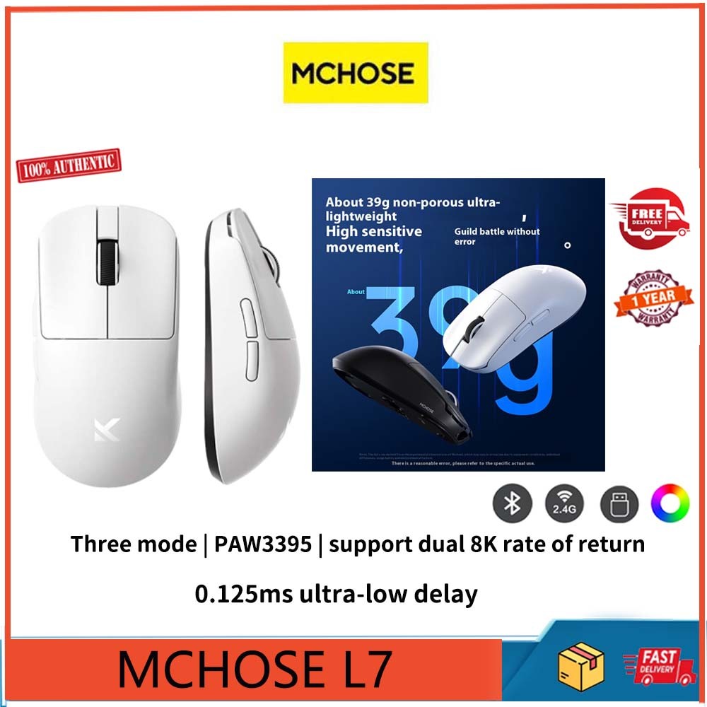 MCHOSE L7 three mode wireless game video game mouse, PAW3395, support dual 8K rate of return, 0 ...