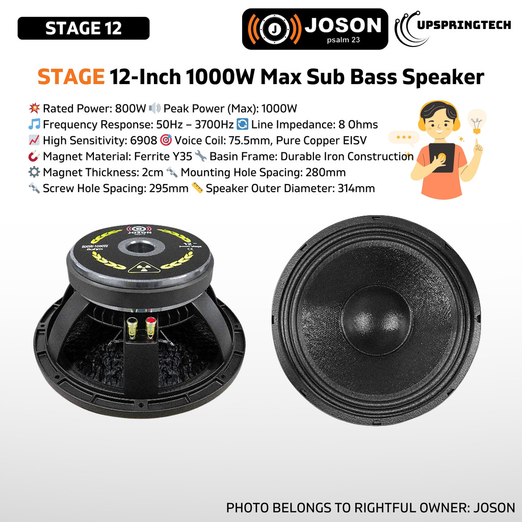 JOSON STAGE 12 Inch 1000W Max Sub Bass Speaker – Pro Audio (1 Piece ...