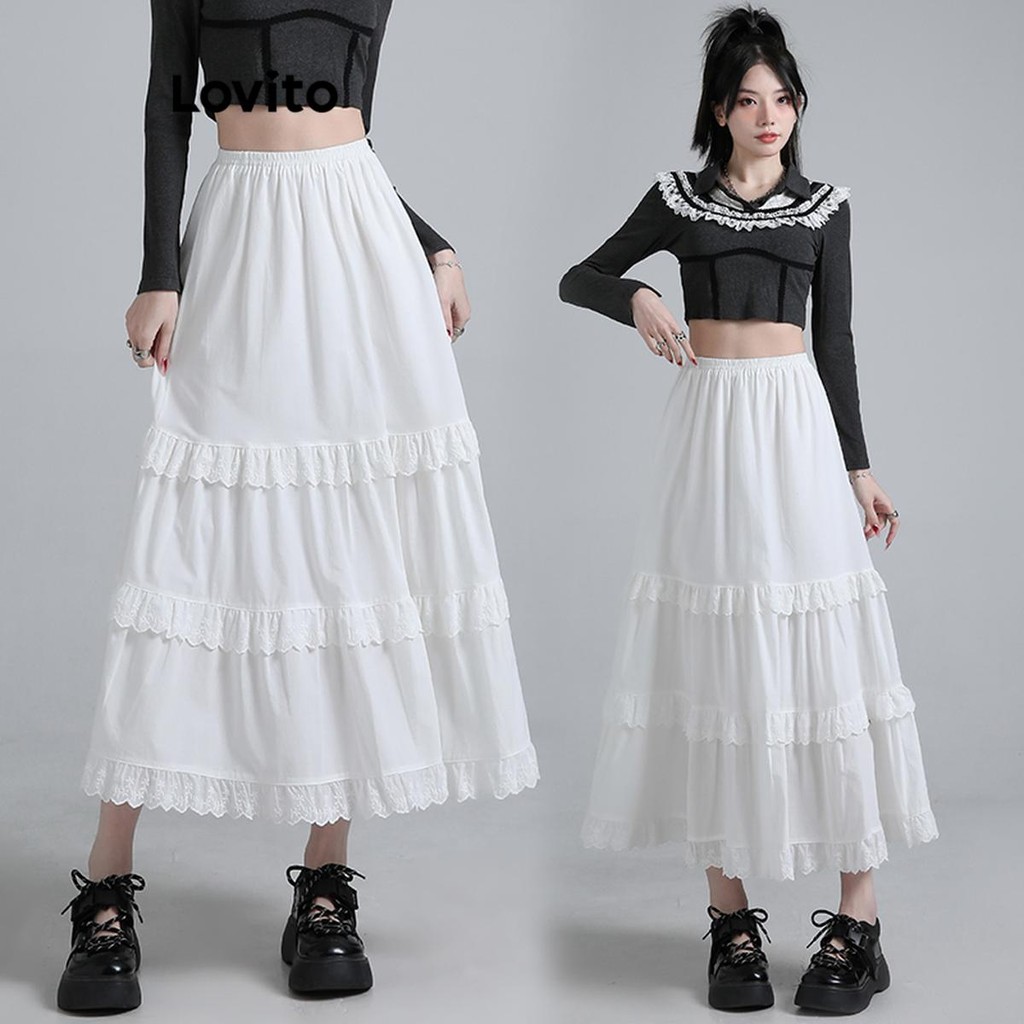 Lovito Women Casual Plain Lace Skirts LNE48126 | Shopee Philippines