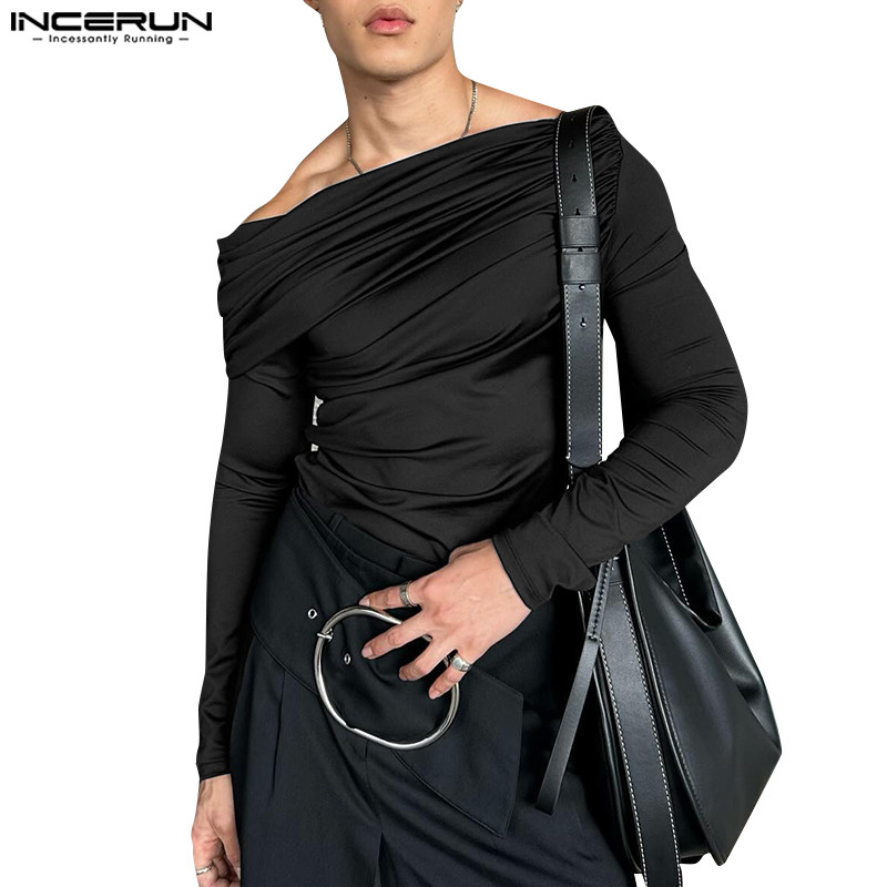 INCERUN Men Vintage Casual Solid Color Off-Shoulder Long Sleeve T ...