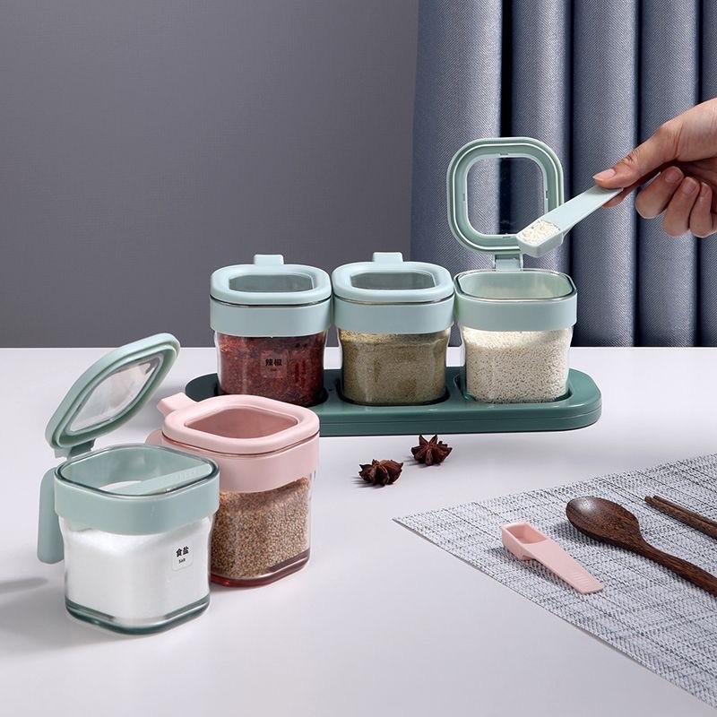 Kitchen Spice Jar Set of 3 Pcs With Spoon Seasoning Jar Salt Sugar ...