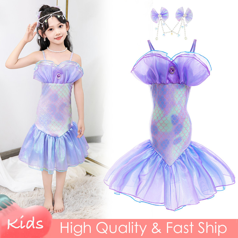 Princess Ariel Blue Purple Dress For Kids Girl Little Mermaid Fishtail ...