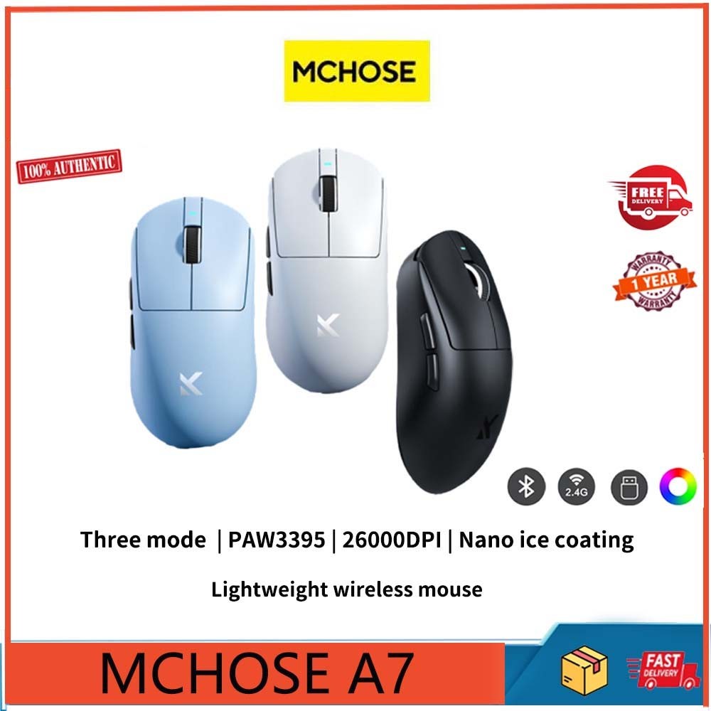 MCHOSE A7 high-order lightweight three mode wireless game mouse, dual 8K, PAW3395, ergonomic ...