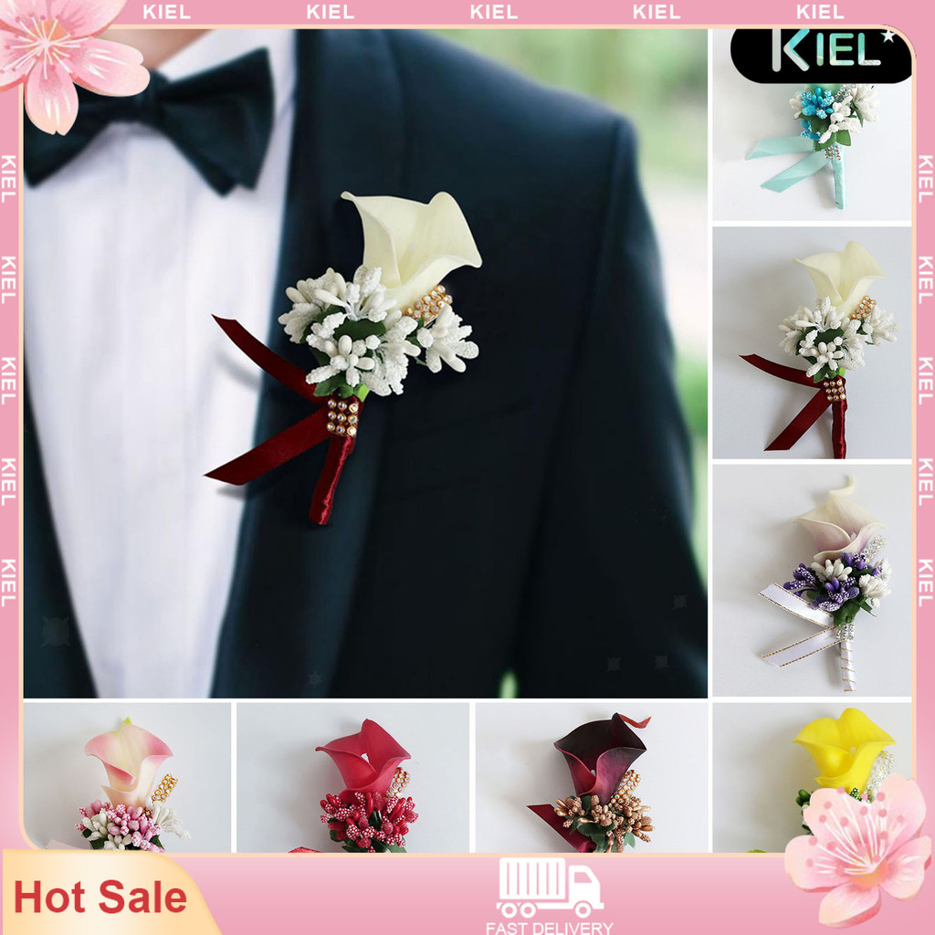 KIEL♥Common Callalily Brooch Realistic Faux Leather Fake Flower Groom ...