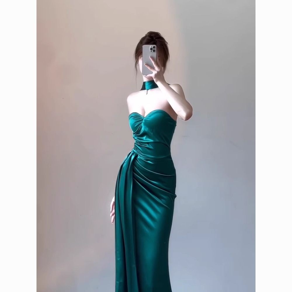 Korean Green Elegant Off Shoulder Evening Cocktail Dinner Ball JS Satin ...