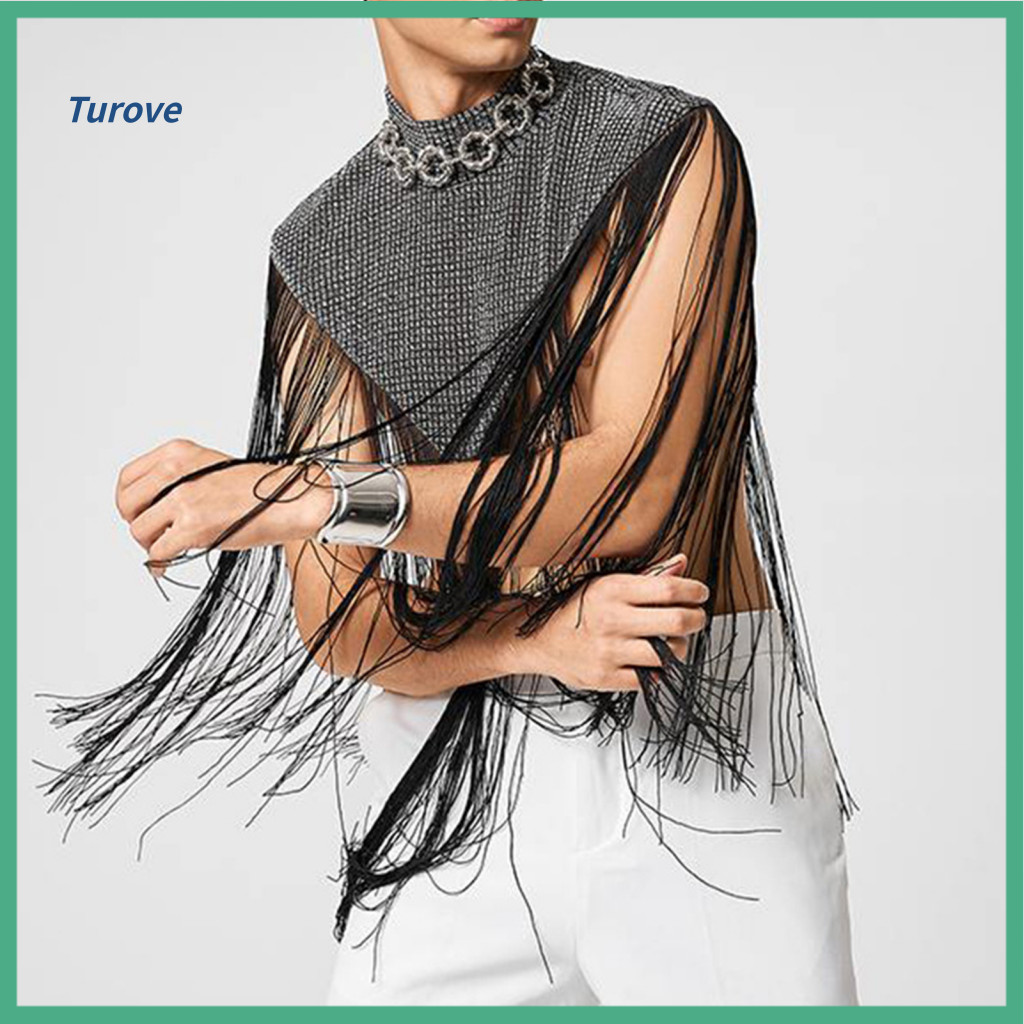 Turove Men Club Cape Long Tassel Sleeveless Shining Fringed Mock Collar ...