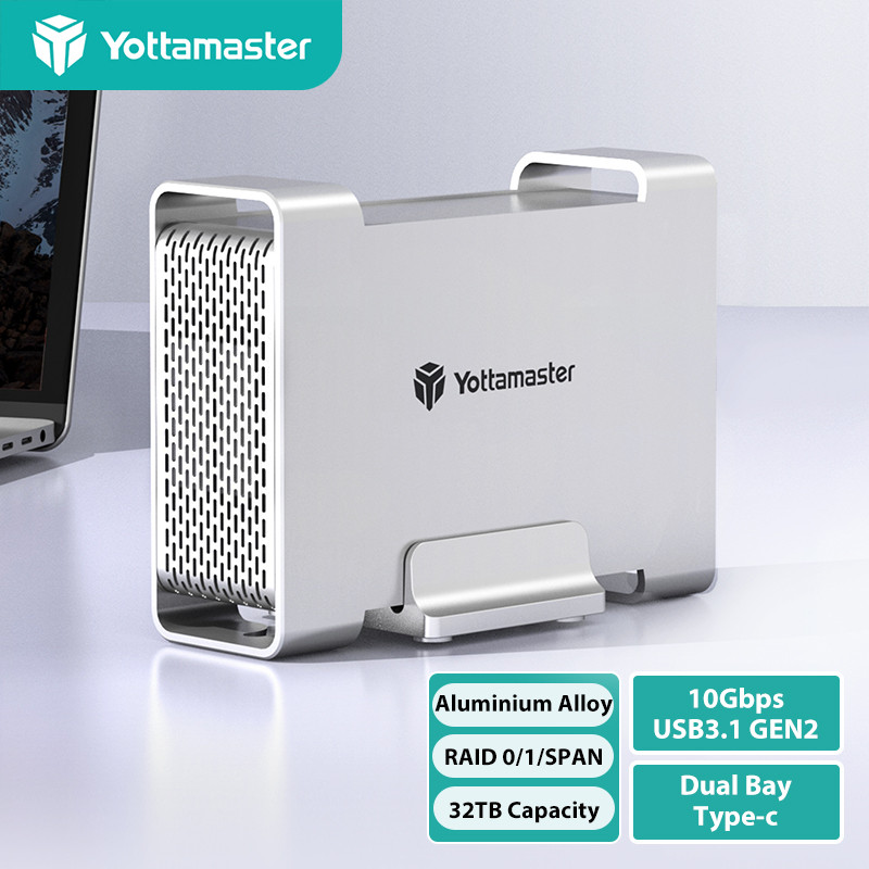 Yottamaster 1/2-Bay RAID Enclosure USB3.1 Gen2 10Gbps Type-C Support RAID 0 /1 /SPAN 3 RAID Mode ...