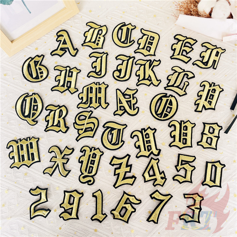 ️1Pc Old English Letters / Numbers . Gold Iron-on Patch ️Diy Sew on ...