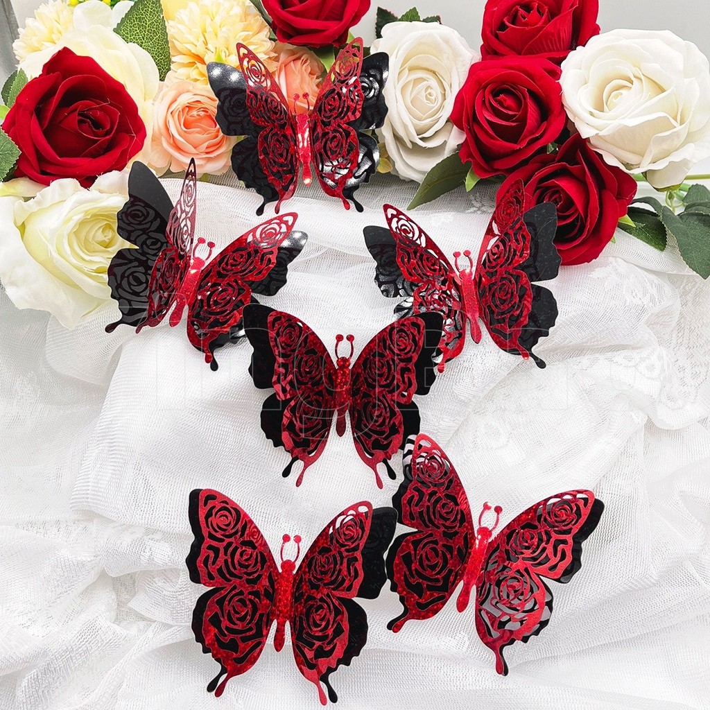 6/12pcs Double Laryer 3D Butterfly Valentine's Day Wall Decor Heart ...