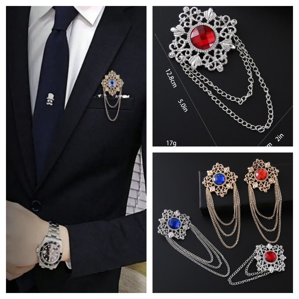 Vintage Gold Silver Men's Suit Pin Brooch Gemstone Lapel Brooches with ...