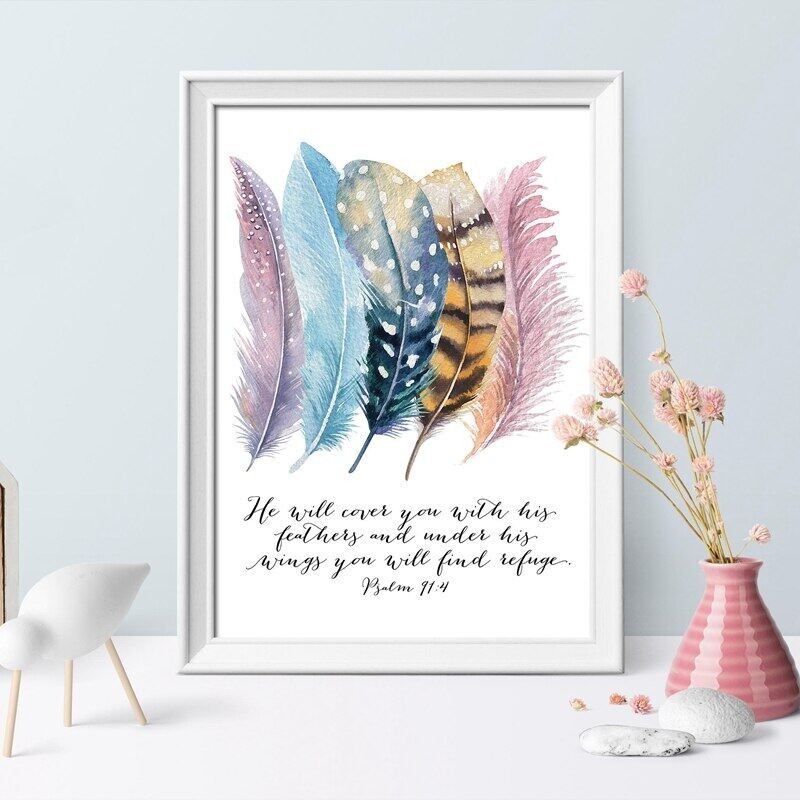 Bible Verse Psalm 91:4 Poster Canvas Art Prints Birds Feathers ...