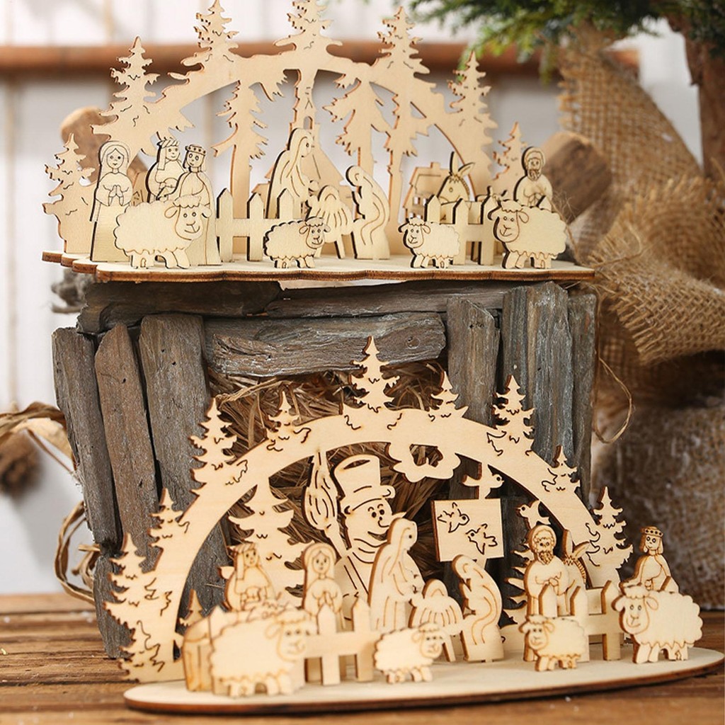 Wood Nativity Scene Tabletop Decorations Wooden DIY Nativity Manger ...