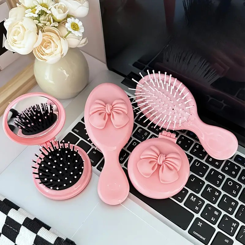 Cute PINK BLACK Bowknot Comb Hair Comb with Mirror Foldable Comb Travel ...