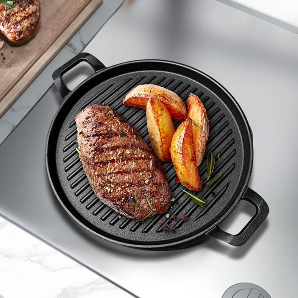 Cast Iron Grill Plate Flat & Ridged Skillet Pan with Handles for ...