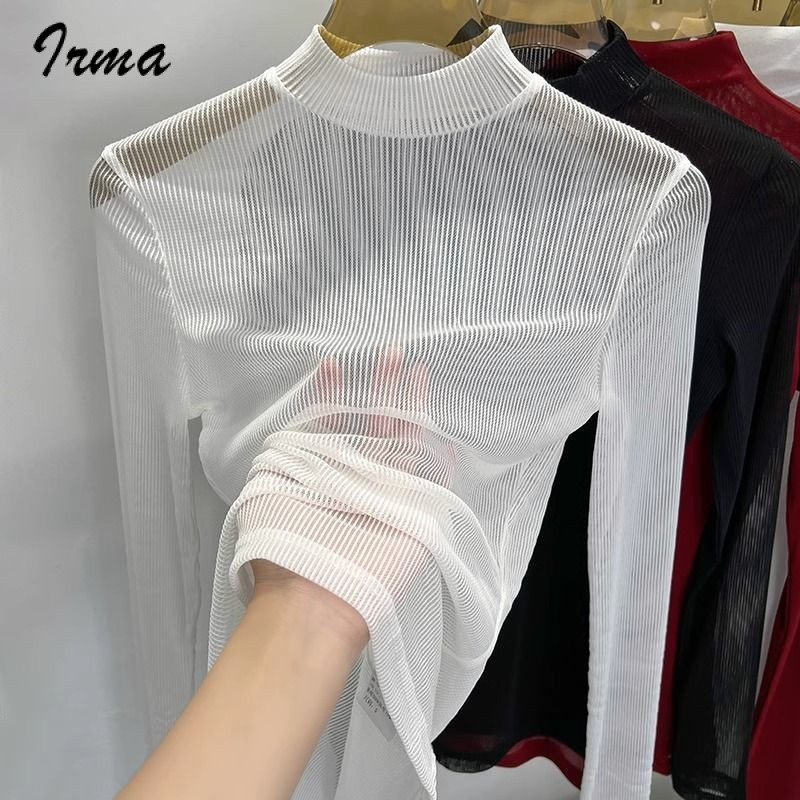 Women's Half Turtleneck Mesh Base T-shirt Transparent Long Sleeves ...