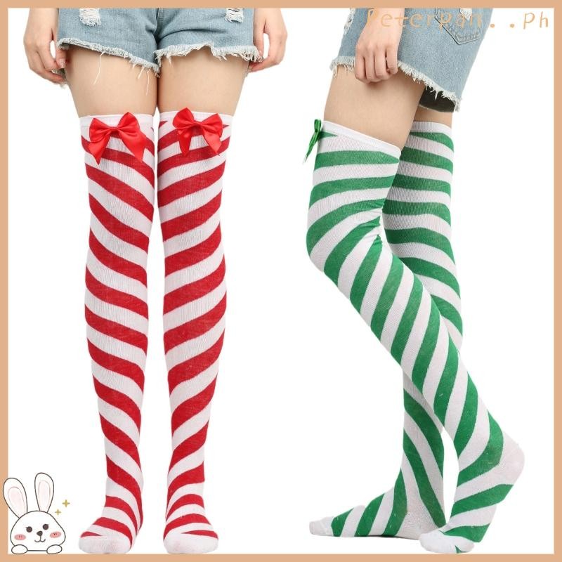 PP Striped Stockings For Women Over The Knee Long Socks Christmas Green ...
