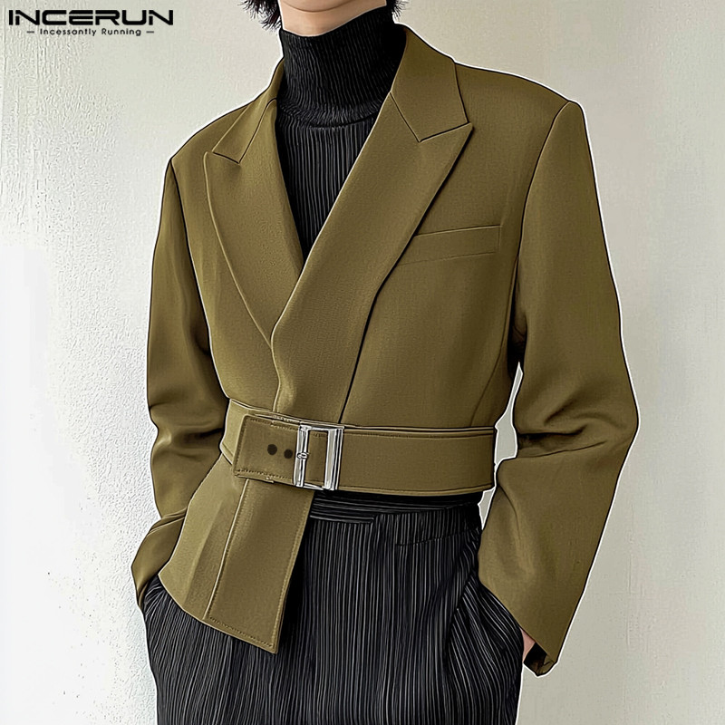 INCERUN Men Korean Casual Personalized Turn Down Collar Long Sleeve ...