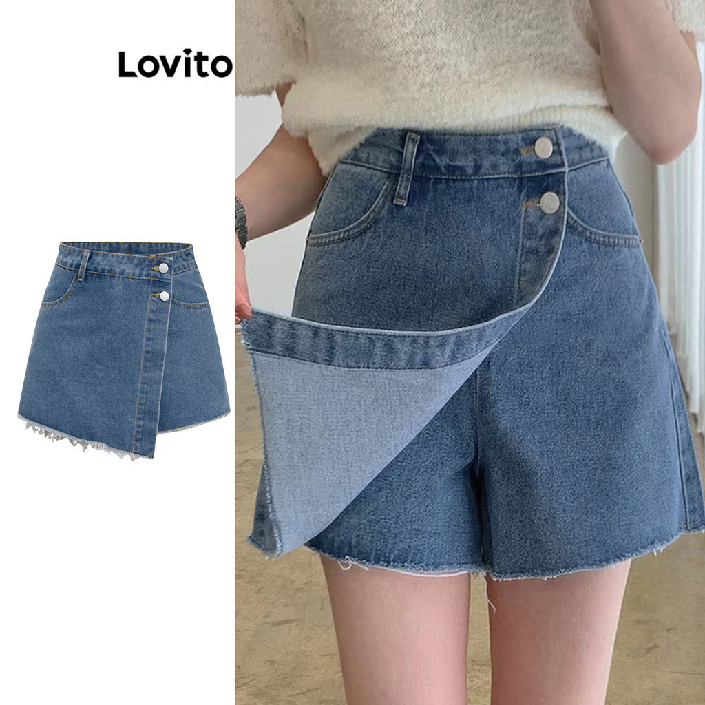 Lovito Women Casual Plain Button Front Fake 2 In 1 Denim Shorts ...