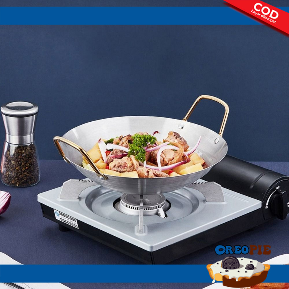 Thick, Strong Stainless Steel Frying Pan, Gold Handle, Non-Stick / Wok ...