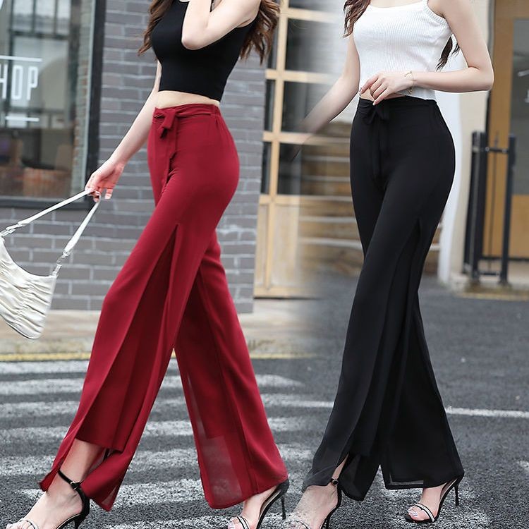 Chiffon Wide-Leg Pants Women Summer 2024 New High-Waisted Slit Culottes ...