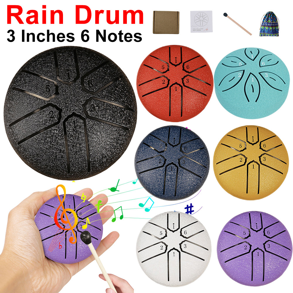 NEWSWF 3 Inches 6 Notes Rain Drum Mini Handpan Drum Outdoor Instrument ...