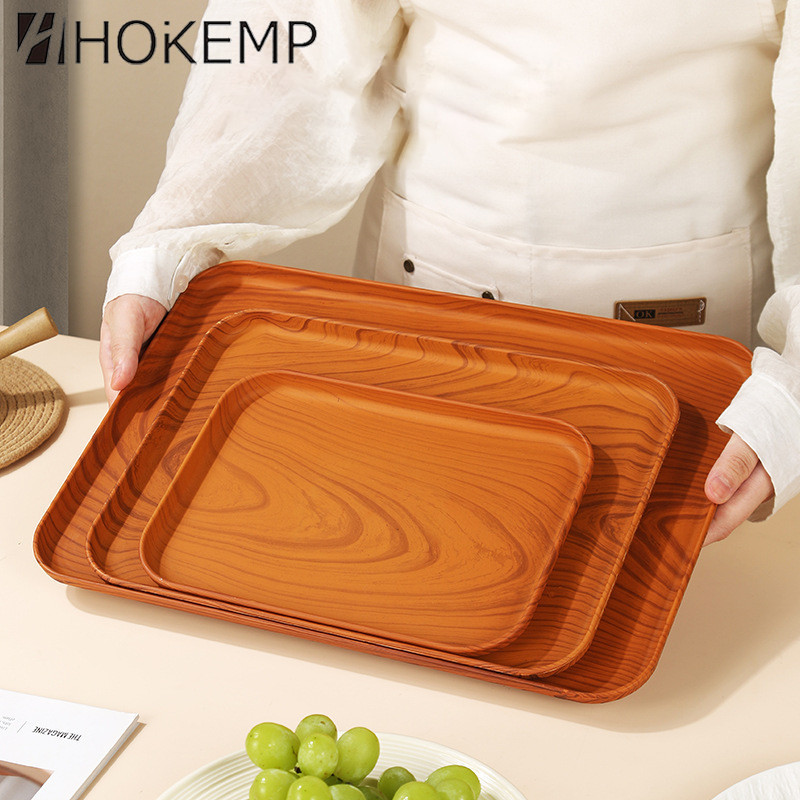 HOKEMP PP Rectangular Tray Tea Tray Wood Grain Plastic Tray Serving ...