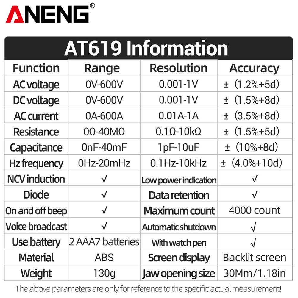 ANENG AT619 Clamp Meter Voice Broadcast Digital Multimeter 4000 Counts ...