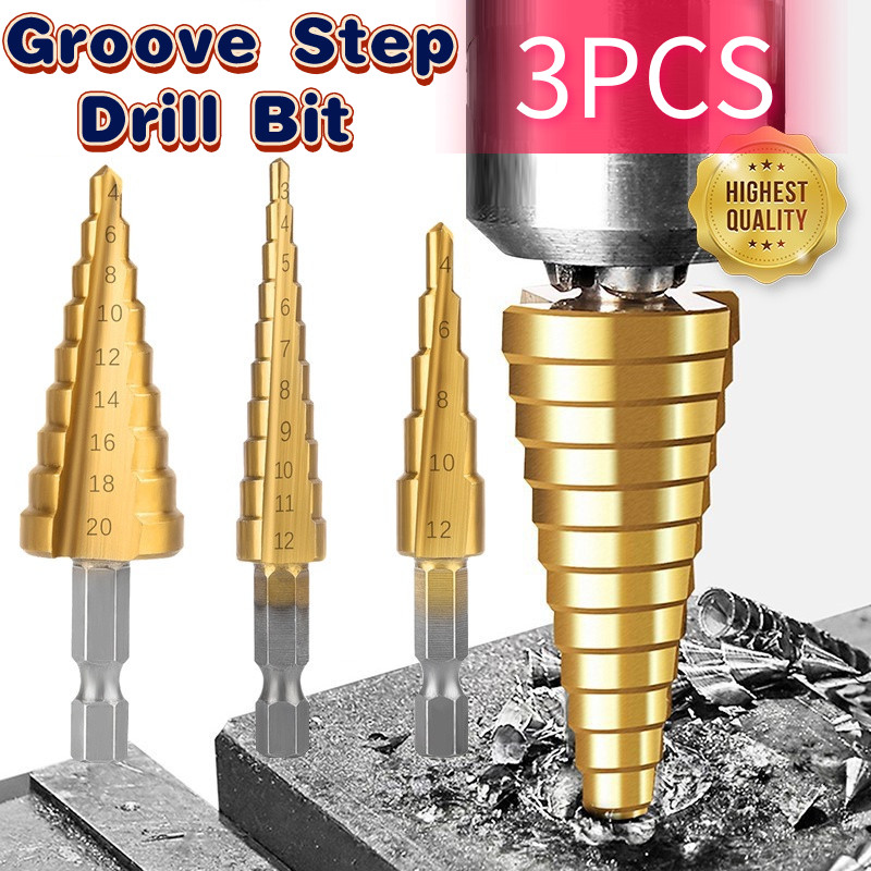 3PCS Straight Groove Step Drill Bit Titanium Coated Wood Metal Hole ...